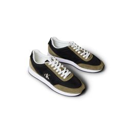 Sneaker Calvin Klein Jeans "RETRO RUNNER ESS MIX MAT", Herren, Gr. 43, schwarz, khaki, Leder, Textil, unifarben mit Farbeinsatz, Schuhe Sneaker, Runner-Sneaker, Freizeitschuh, Halbschuh mit seitlichem CK-Logo