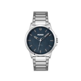 Quarzuhr Hugo "FIRST", silber (silberfarben, dunkelblau), Armbanduhren, Herren, Quarzuhr, Armbanduhr, Herrenuhr, Mineralglas, Edelstahlarmband