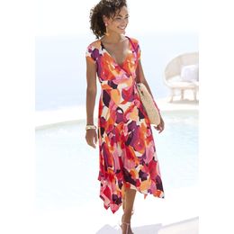 Midikleid Vivance "mit Alloverdruck und asymmetrischem Saum", Damen, Gr. 34, N-Gr, bunt (rot, lila, pink bedruckt), Jersey, Obermaterial: 95% Viskose, 5% Elasthan, bedruckt, figurumspielend kniebedeckend, V-Ausschnitt, Kleider Midikleid, luftiges Sommerkleid in Wickeloptik, Strandkleid, Zipfelkleid, Topseller