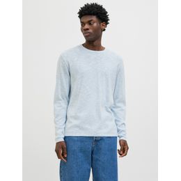 Jack & Jones Rundhalspullover JACK & JONES "JJESUMMER KNIT CREW NECK SN", Herren, Gr. S, wei&szlig; (chambray blau detail:with wei&szlig;), Strick, Obermaterial: 90% Baumwolle, 10% Leinen, meliert, regular fit taillenbedeckt, Rundhals, gerader Abschluss, Pullover Rundhalspullover, mit Rundhalsausschnitt