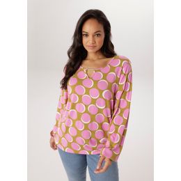 Langarmshirt ANISTON PLUS, Damen, Gr. 48, bunt (rose, gr&uuml;n, wei&szlig;), Single Jersey, Obermaterial: 95% Viskose, 5% Elasthan, gemustert, figurumspielend Po-bedeckend, Rundhals, elastischer Bund mit Gummizug, Shirts Langarmshirt, mit gro&szlig;fl&auml;chiger Druck