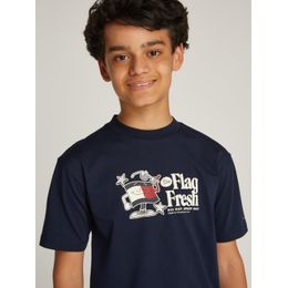 T-Shirt Tommy Hilfiger "FLAG FUN TEE SS", M&auml;dchen, Gr. 6 (116), blau (schwarz night navy), Jersey, Obermaterial: 100% Baumwolle, bedruckt, regular fit, Rundhals, abgesteppt, Shirts T-Shirt, mit Logodruck