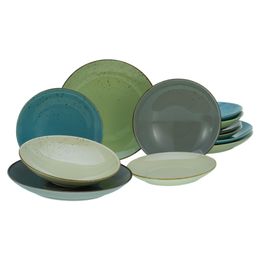 Tafelservice Creatable "Geschirr-Set NATURE COLLECTION", bunt (grau, blau, gr&uuml;n, sand), 12 Stk., Steinzeug, Geschirr-Sets, Tafelservice, Teller Set, Service, 12 Teile, f&uuml;r 4 Personen