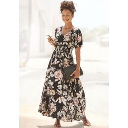 Maxikleid Lascana "mit Blumendruck und V-Ausschnitt aus Webware", Damen, Gr. 34, N-Gr, schwarz (schwarz bedruckt), Web, Obermaterial: 100% Viskose, bedruckt, gebl&uuml;mt, figurumspielend bodenlang, V-Ausschnitt, Kleider Maxikleid, Sommerkleid mit Puff&auml;rmeln, Elegantes Webkleid, Strandkleid, Topseller
