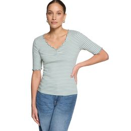 Kurzarmshirt Zero "Damen mit Raffung", Damen, Gr. 34, blau, cream, Rippware, Obermaterial: 95% Baumwolle (organic), 5% Elasthan, figurbetont h&uuml;ftlang, Shirts, Raffung