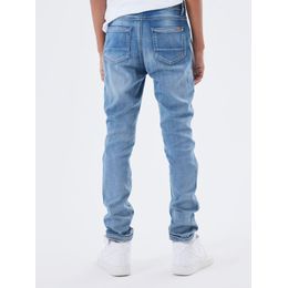 Schlupfjeans name it "NKMROBIN DNMTHAYER SWE", Jungen, Gr. 122, N-Gr, blau (light, blau, denim), Denim/Jeans, Obermaterial: 70% Baumwolle, 27% Polyester, 3% Elasthan, Abriebeffekte, Basic normal, Jeans Schlupfjeans, l&auml;ssig geschnitten, Denim, Abriebeffekte, angesetztes B&uuml;ndchen