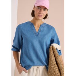 Jeansbluse Cecil, Damen, Gr. XXL (46), mid blau wash, Stoff, 76% Lyocell, 24% Baumwolle, unifarben, klassisch normal, Rundhals, B&uuml;ndchen, Blusen Jeansbluse, hinten l&auml;nger geschnitten