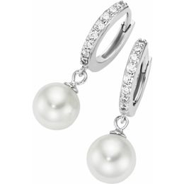 Paar Creolen Firetti "Schmuck Geschenk Silber 925 Ohrschmuck Ohrringe Klappcreolen Behang", wei&szlig; (silberfarben, kristallwei&szlig;, wei&szlig;, kristallwei&szlig;), Ohrringe, Damen, 13,5mm, Perlen Silber 925 (Sterlingsilber), Perlen, Silber 925 (Sterlingsilber), mit Zirkonia (synth.) - mit Muschelperle