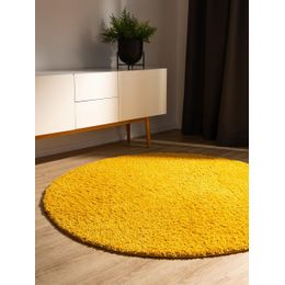 benuta Basic Waschbarer Hochflor Shaggyteppich Soho Gelb &oslash; 80 cm rund - Bettvorleger f&uuml;r Schlafzimmer