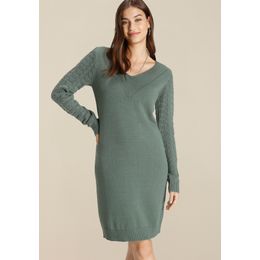Strickkleid Tamaris "mit figurumspielendem Schnitt", Damen, Gr. 34, N-Gr, gr&uuml;n (salbei melange), Strick, Obermaterial: 50% Viskose, 28% Polyester, 22% Polyamid, figurbetont mini, V-Ausschnitt, Kleider Strickkleid, mit V-Ausschnitt und Ajourmuster aus Viskosemischung