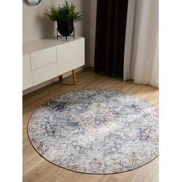 benuta Basic Waschbarer Teppich George Blau &oslash; 120 cm - Vintage-Stil Teppich im Used-Look