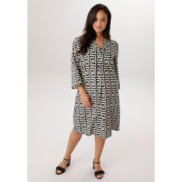 Blusenkleid ANISTON PLUS, Damen, Gr. 46, N-Gr, schwarz, wei&szlig;, Web, Obermaterial: 100% Viskose, bedruckt, gemustert, l&auml;ssig geschnitten kniebedeckend, V-Ausschnitt, Kleider Blusenkleid, in graphischen Print