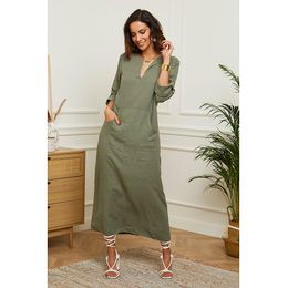 Le Monde du Lin Leinen-Kleid in Oliv - 79% | Gr&ouml;&szlig;e 40/42 | Damen-kleider