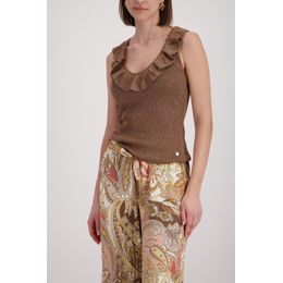 R&uuml;schentop monari "Pullover Stricktop Volants", Damen, Gr. 40, braun, Web, Obermaterial: 83% Viskose, 17% Polyester, unifarben, regular fit taillenbedeckt, tiefer Rundhals, Tops R&uuml;schentop, Regular fit mit Volant-Ausschnitt