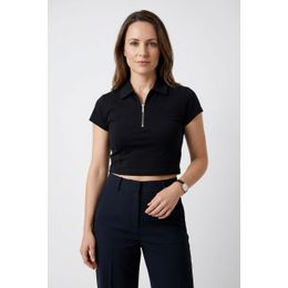 Kurzarmshirt Hugo "Dastaja", Damen, Gr. L (40), schwarz 001, Single Jersey, Obermaterial: 94% Baumwolle, 6% Elasthan, unifarben, figurbetont taillenlang, Shirts, mit Kragen & cropped, in verk&uuml;rzter L&auml;nge