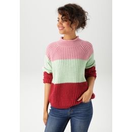 Strickpullover Aniston CASUAL, Damen, Gr. 38, rot (malve, lindgr&uuml;n, bordeaux), Grobstrick, Obermaterial: 100% Polyacryl, gestreift, figurumspielend h&uuml;ftlang, Raglan&auml;rmel Rippstrickb&uuml;ndchen, Pullover Strickpullover, im trendfarbigen Color-Blocking