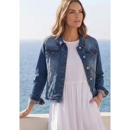 Jeansjacke Tamaris, Damen, Gr. 36, mid blau use, Denim/Jeans, Obermaterial: 74% Baumwolle, 24% Polyester, 2% Elasthan, unifarben, figurumspielend, 1-Knopf-Manschette, Jacken Jeansjacke, aus elastischem Denim-Material, mit Brusttaschen und Eingrifftaschen