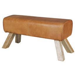 Mid.you Hocker, Braun, Holz, Echtleder, Ziegenleder, Mangoholz, massiv, rechteckig, 90x43x30 cm, Wohnzimmer, Hocker, Sitzhocker