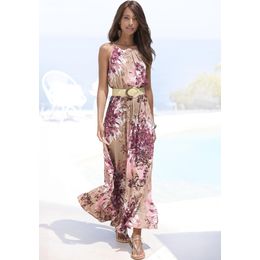 Maxikleid Lascana "mit Alloverprint und Knopfleiste hinten, aus gewebter Viskose", Damen, Gr. 40, N-Gr, bunt (taupe, beere bedruckt), Web, Obermaterial: 100% Viskose, bedruckt, figurumspielend bodenlang, amerikanischer Ausschnitt, Kleider Maxikleid, luftiges Sommerkleid, elegantes Webkleid, Strandkleid, casual
