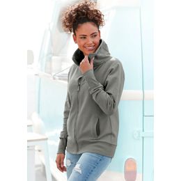 Sweatjacke ELBSAND "Alvis", Damen, Gr. L (40), gr&uuml;n, angeraute Sweatware, Obermaterial: 95% Baumwolle, 5% Elasthan, unifarben, figurumspielend h&uuml;ftlang, Sweatjacken Sweatjacke, mit Logodruck am Kragen, bequeme Freizeitjacke, Topseller
