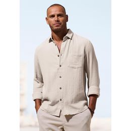 Beach Time Langarmhemd BEACHTIME "Regular fit", Herren, Gr. S (37/38), N-Gr, beige, Web, Obermaterial: 100% Baumwolle, unifarben, regular fit normal, Rundhals, 2-Knopf-Manschette, Hemden, Langarm, Freizeithemd aus Musselin-Ware