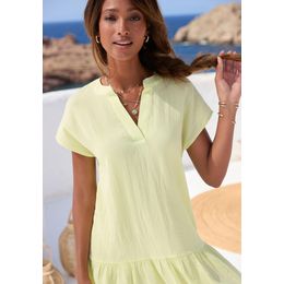 Blusenkleid Vivance "aus strukturierter Ware mit Volant", Damen, Gr. 34, N-Gr, limone, Web, Obermaterial: 100% Baumwolle, Strukturmuster, unifarben, figurumspielend ca. Mitte Oberschenkel, V-Ausschnitt, Kleider Blusenkleid, lockeres Tunikakleid, Sommerkleid, Strandkleid, Basic