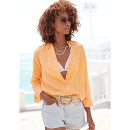 Hemdbluse Lascana, Damen, Gr. 34, orange (mango peach), Web, Obermaterial: 58% Viskose, 28% Baumwolle, 14% Leinen, unifarben, figurumspielend h&uuml;ftbedeckend, V-Ausschnitt, 2-Knopf-Manschette, Blusen Hemdbluse, aus Leinenmix, Damenbluse mit Hemdkragen und Knopfleiste, Topseller