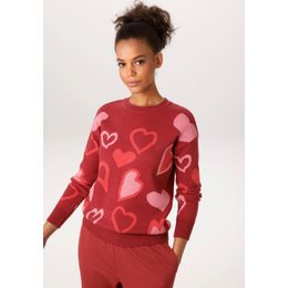 Strickpullover Aniston CASUAL, Damen, Gr. 34, dunkelrot, rosa, rot, Strick, Obermaterial: 50% Viskose, 28% Polyester, 22% Polyamid, Jacquardmuster, figurumspielend h&uuml;ftlang, Rundhals, Rippstrickb&uuml;ndchen, Pullover Strickpullover, mit eingestrickten, grafischen Herzen