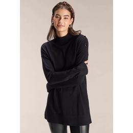 Stehkragenpullover Tamaris "aus weicher Viskosemischung", Damen, Gr. 32/34 (XS), schwarz, Feinstrick, Obermaterial: 50% Viskose, 28% Polyester, 22% Polyamid, unifarben, l&auml;ssig geschnitten Po-bedeckend, Rippstrickb&uuml;ndchen, Pullover Stehkragenpullover, mit Kn&ouml;pfen an der Schulter
