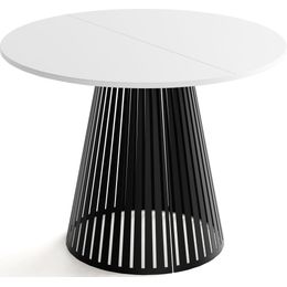ESSTISCH Naro rund ausziehbar mit Schwarzem Lamellen-Metallgestell, Wei&szlig; 120-200/120/76 cm