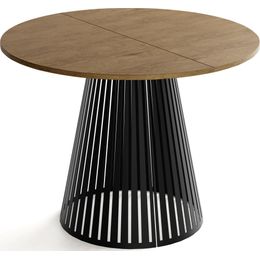 ESSTISCH Naro rund ausziehbar mit Schwarzem Lamellen-Metallgestell, Braun 100-180/100/76 cm