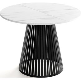 ESSTISCH Naro rund ausziehbar mit Schwarzem Lamellen-Metallgestell, Marmor Wei&szlig; 100-180/100/76 cm
