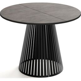 ESSTISCH Naro rund ausziehbar mit Schwarzem Lamellen-Metallgestell, Beton-Optik Dunkelgrau 100-180/100/76 cm