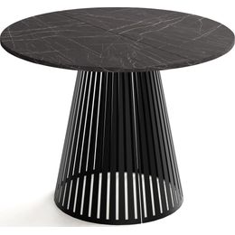 ESSTISCH Naro rund ausziehbar mit Schwarzem Lamellen-Metallgestell, Marmor Schwarz 100-180/100/76 cm