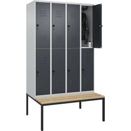 C+P Doppelstock-Spind Classic PLUS Sitzbank, 4 Abteile, lichtgrau / grau, B 1200 mm, Sicherheits-Drehriegel, untergebaut, Buche-Hartholz