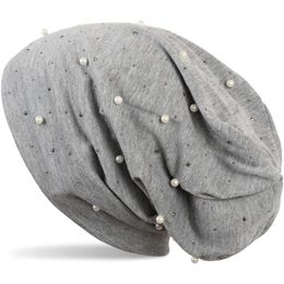 Beanie styleBREAKER "Beanie mit Perlen und Strass Nieten", Damen, grau (grau meliert), Obermaterial: 100% Viskose CV., Modisch, M&uuml;tzen Beanie
