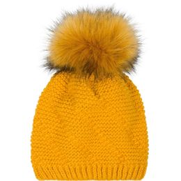 Bommelm&uuml;tze styleBREAKER "Einfarbige Strick Bommelm&uuml;tze mit Thermo-Fleece", Damen, gelb (curry), 75% Polyacryl PAN. 15% Polyamid PA. 10% Wolle WO., Modisch, M&uuml;tzen