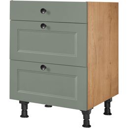 Unterschrank Nobilia "Cascada", vormontiert, mit h&ouml;henverstellbaren Sockelf&uuml;&szlig;en, in den", gr&uuml;n (front: lacklaminat schilf, korpus: eiche sierra nachbildung), B:60cm H:87cm T:58,3cm, Schr&auml;nke, Unterschrank, Breiten 30, 45, 60 und 90 cm, mit Schubkasten und Ausz&uuml;gen