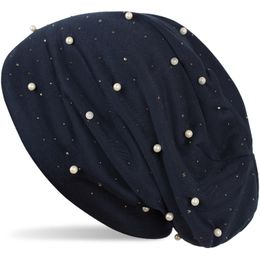 Beanie styleBREAKER "Beanie mit Perlen und Strass Nieten", Damen, blau (midnight, blau, dunkelblau), Obermaterial: 100% Viskose CV., Modisch, M&uuml;tzen Beanie