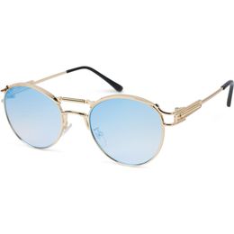 Sonnenbrille styleBREAKER "Panto Sonnenbrille mit Federn", Damen, blau (gestell gold, glas blau, rosa verspiegelt), Modisch, Sonnenbrillen Sonnenbrille