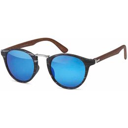 Sonnenbrille styleBREAKER "Panto Sonnenbrille Holzoptik Runde Retro Brille UV400", Damen, blau (gestell schwarz, silber, glas blau verspiegelt), Modisch, Sonnenbrillen Sonnenbrille