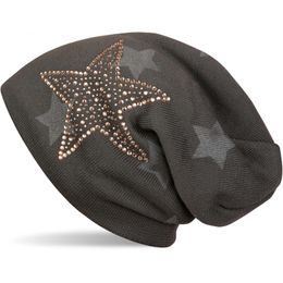 Strickm&uuml;tze styleBREAKER "Feinstrick Beanie mit Strass Stern", Damen, grau (dunkelgrau), 100% Viskose CV., Modisch, M&uuml;tzen Strickm&uuml;tze