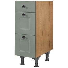 Unterschrank Nobilia "Cascada", vormontiert, mit h&ouml;henverstellbaren Sockelf&uuml;&szlig;en, in den", gr&uuml;n (front: lacklaminat schilf, korpus: eiche sierra nachbildung), B:30cm H:87cm T:58,3cm, Schr&auml;nke, Unterschrank, Breiten 30, 45, 60 und 90 cm, mit Schubkasten und Ausz&uuml;gen