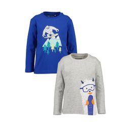 Langarmshirt Blue Seven, Jungen, Gr. 98, blau (blau, graumeliert), Single Jersey, Obermaterial: 100% Baumwolle, bedruckt, meliert, regular fit normal, Rundhals, abgesteppte Kante, Shirts Langarmshirt, mit gro&szlig;en Comic-Frontmotiven