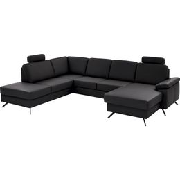 Wohnlandschaft DIE PLANBAR "PN-EM15047 U-Form, mit Kopfst&uuml;tzen", schwarz, B:309cm H:104cm T:235cm, Sofas, Wohnlandschaft, Echtleder, wahlweise mit Bettfunktion u. Stauraum