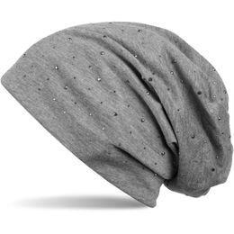 Beanie styleBREAKER "Beanie mit Strass Nieten Applikation", Herren, grau, Obermaterial: 65% Baumwolle CO. 35% Polyester PES., Modisch, M&uuml;tzen Beanie