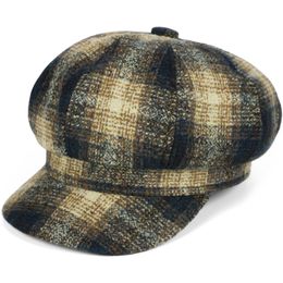 Ballonm&uuml;tze styleBREAKER "Ballonm&uuml;tze Karo Muster", Damen, blau (dunkelblau, braun, beige), Obermaterial: 80% Polyester PES. 20% Wolle WO., Modisch, M&uuml;tzen