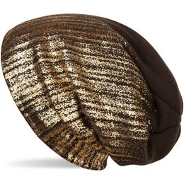 Strickm&uuml;tze styleBREAKER "Feinstrick Beanie mit Metallic Print", Damen, braun (dunkelbraun, gold), 100% Polyacryl PAN., Modisch, M&uuml;tzen Strickm&uuml;tze