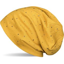 Beanie styleBREAKER "Beanie mit Strass Nieten Applikation", Herren, gelb (curry), Obermaterial: 65% Baumwolle CO. 35% Polyester PES., Modisch, M&uuml;tzen Beanie