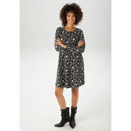 Jerseykleid Aniston CASUAL, Damen, Gr. 48, N-Gr, schwarz (schwarz wei&szlig;), Jersey, Obermaterial: 52% Polyester, 25% Viskose, 20% Baumwolle, 3% Elasthan, Jacquardmuster, gebl&uuml;mt, A-Linie kniefrei, Rundhals, Kleider Jerseykleid, mit grafischen Bl&uuml;ten - jedes Teil ein Unikat